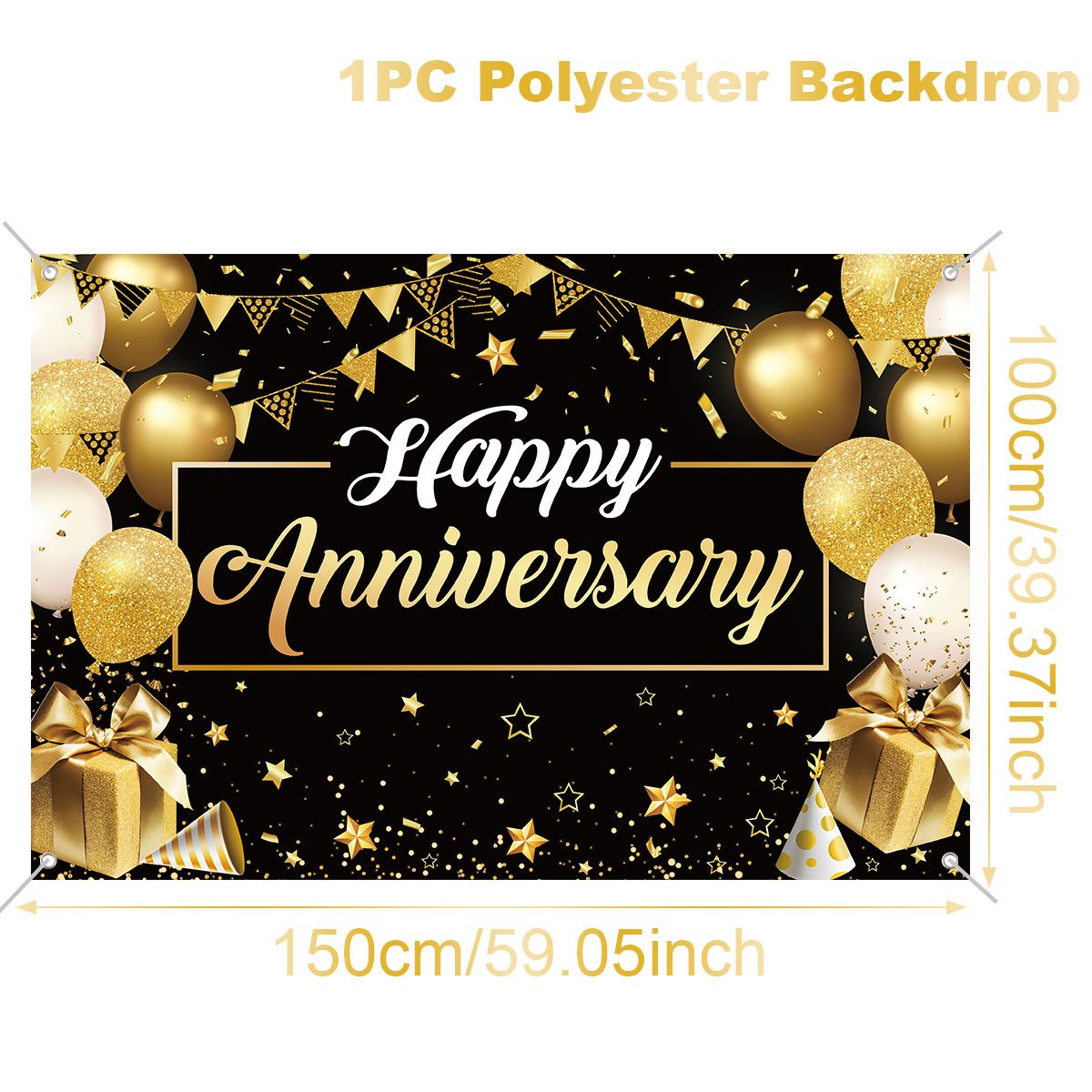 150*100cm Happy Anniversary Backdrop Polyester BLack Gold Happy ...