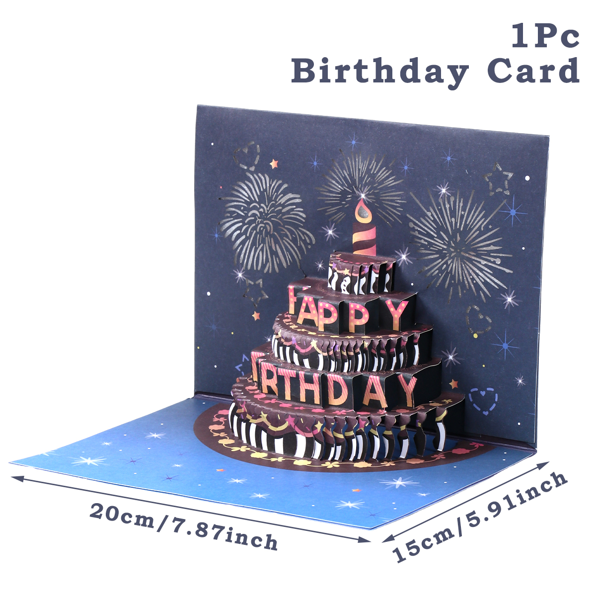 3D Firework Pop Up Birthday Card Battery Powered Musical Cake Style ...