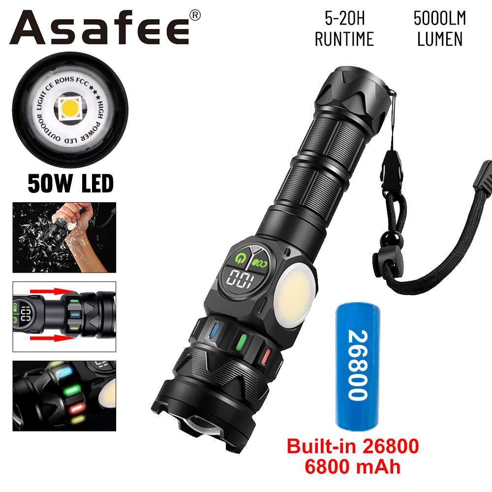Asafee LS07 Tactical Flashlight 6800 mAh Telescopic Zoom 50W LED Light ...