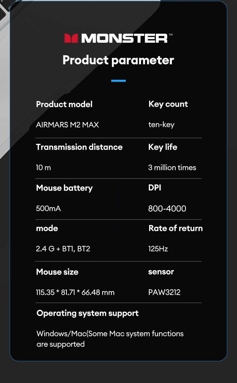 Monster M2 MAX Mouse Bluetooth Wireless Non Slip Ergonomic Design Light Multi Device Compatible ...