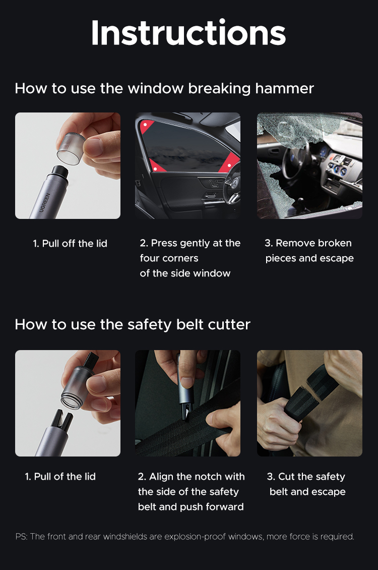 UGREEN 2-in-1 Car Safety Hammer Life-Saving Car Window Class Breaker Emergency Escape Seat Belt ...