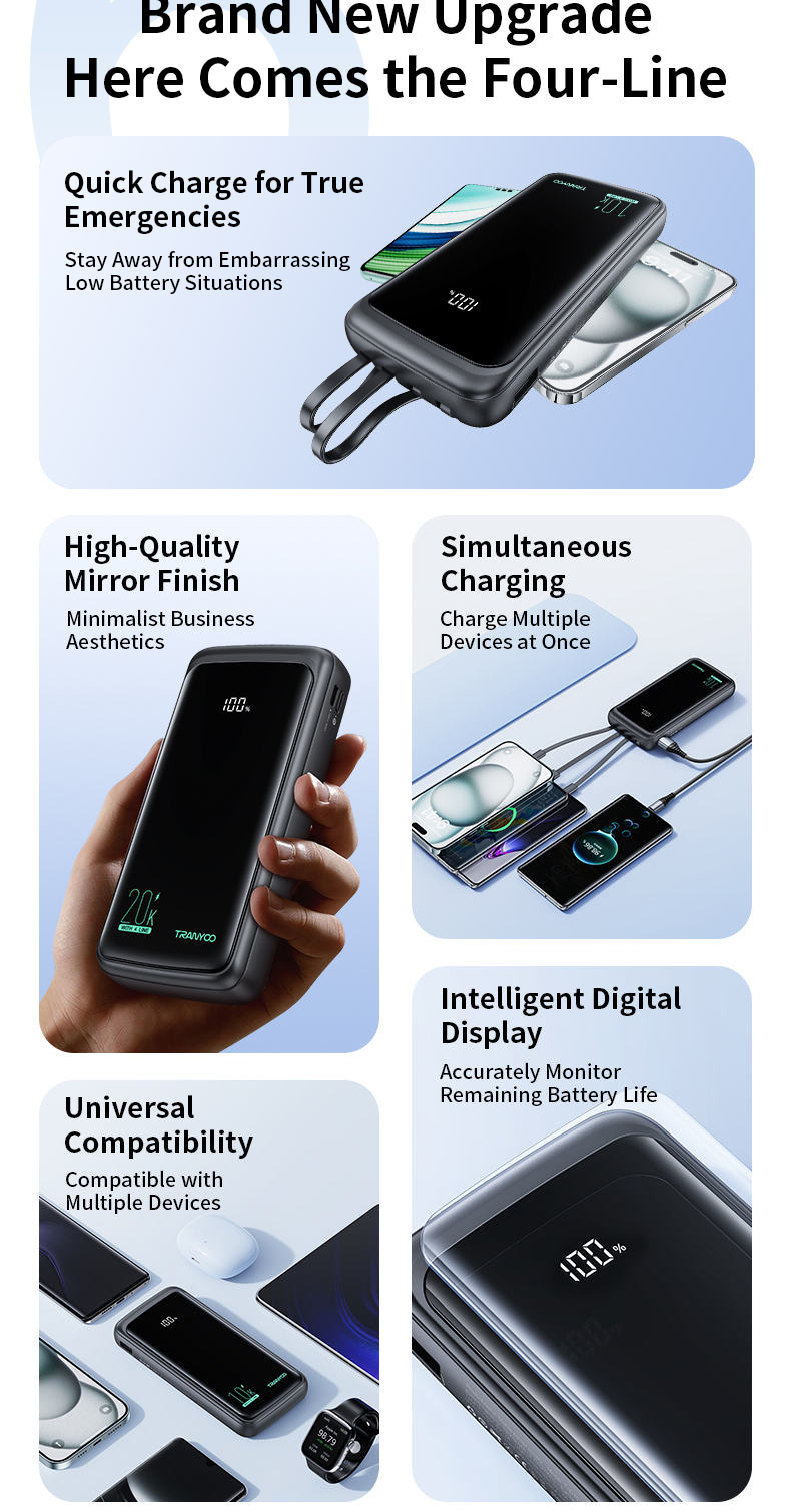 Tranyoo D11 20000mAh Power Bank Built in 4 Cables Lightning / Type-c ...