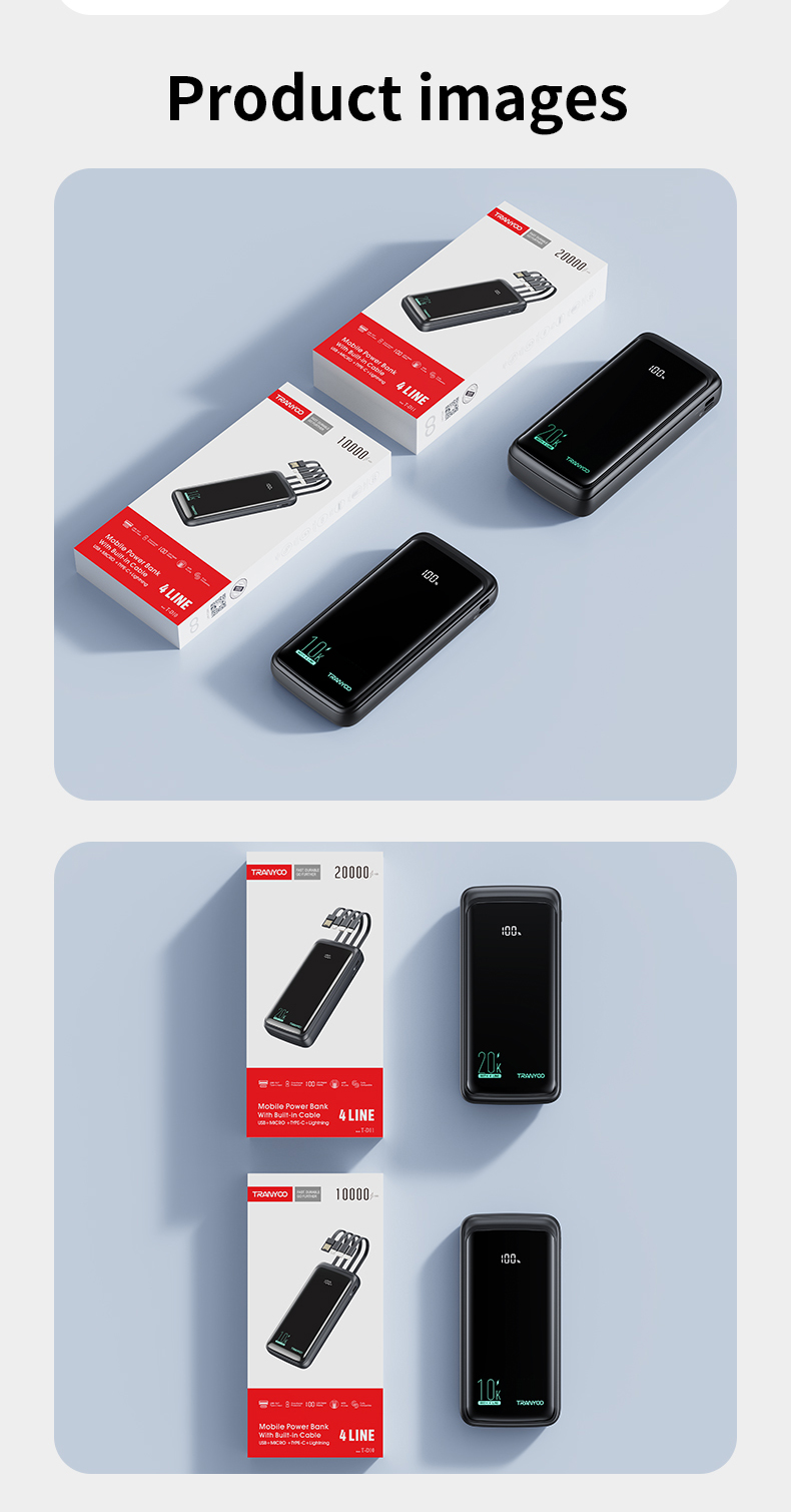 Tranyoo D11 20000mAh Power Bank Built in 4 Cables Lightning / Type-c ...