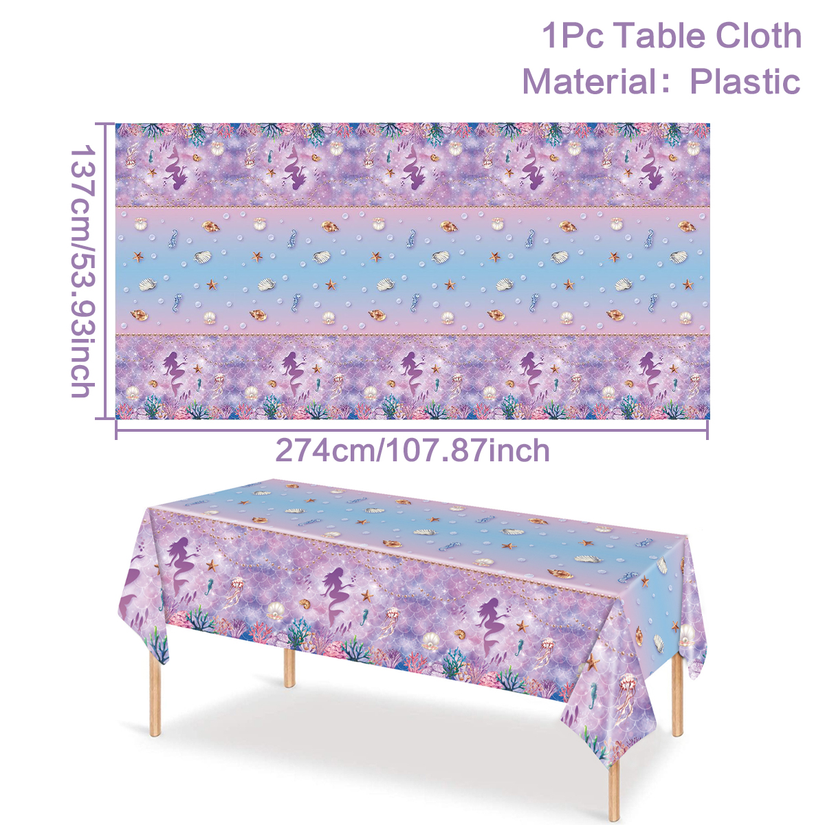 274*137cm Glitter Purple Mermaid Table Cloth 6 Seater PE Disposable ...