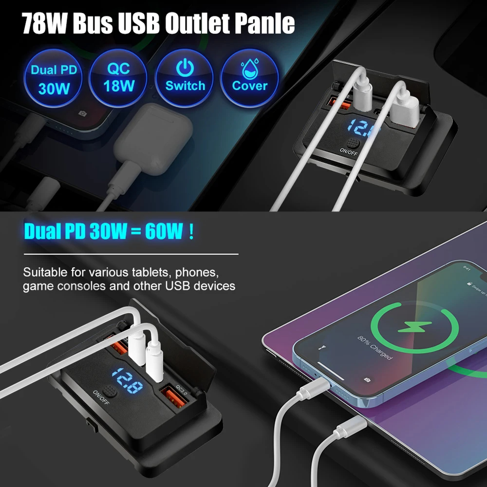 Dual PD QC3.0 Fast Charging Car Charger Socket Panel with Switch USB ...