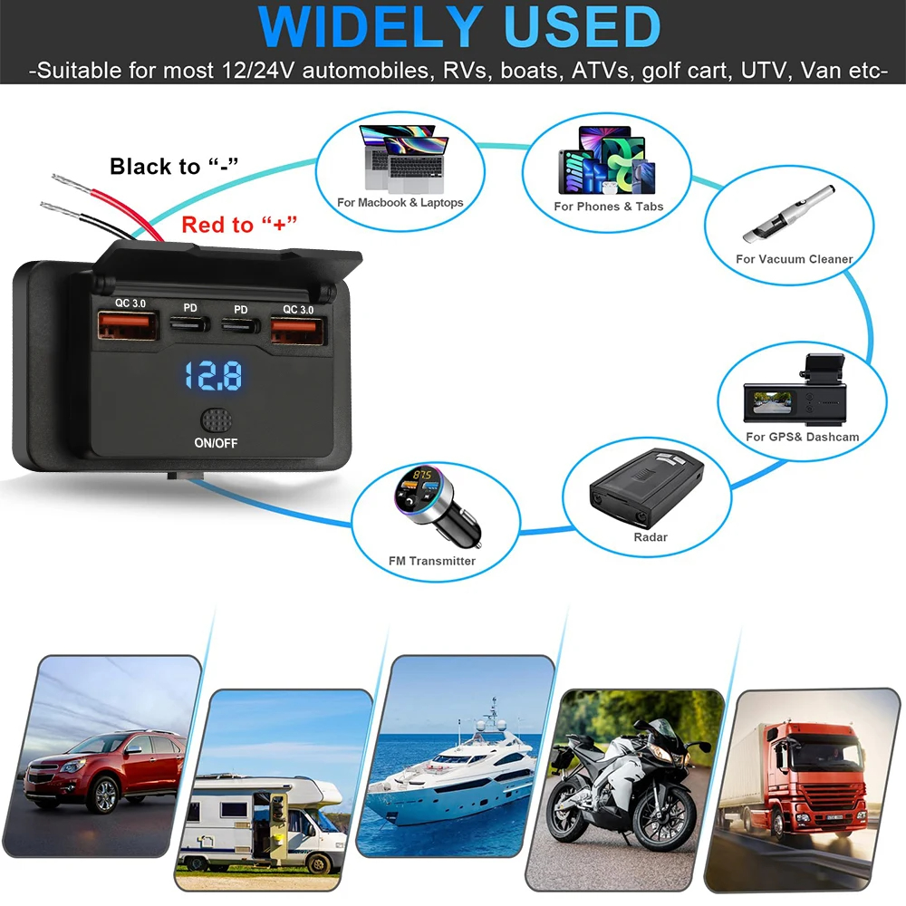 Dual PD QC3.0 Fast Charging Car Charger Socket Panel with Switch USB ...