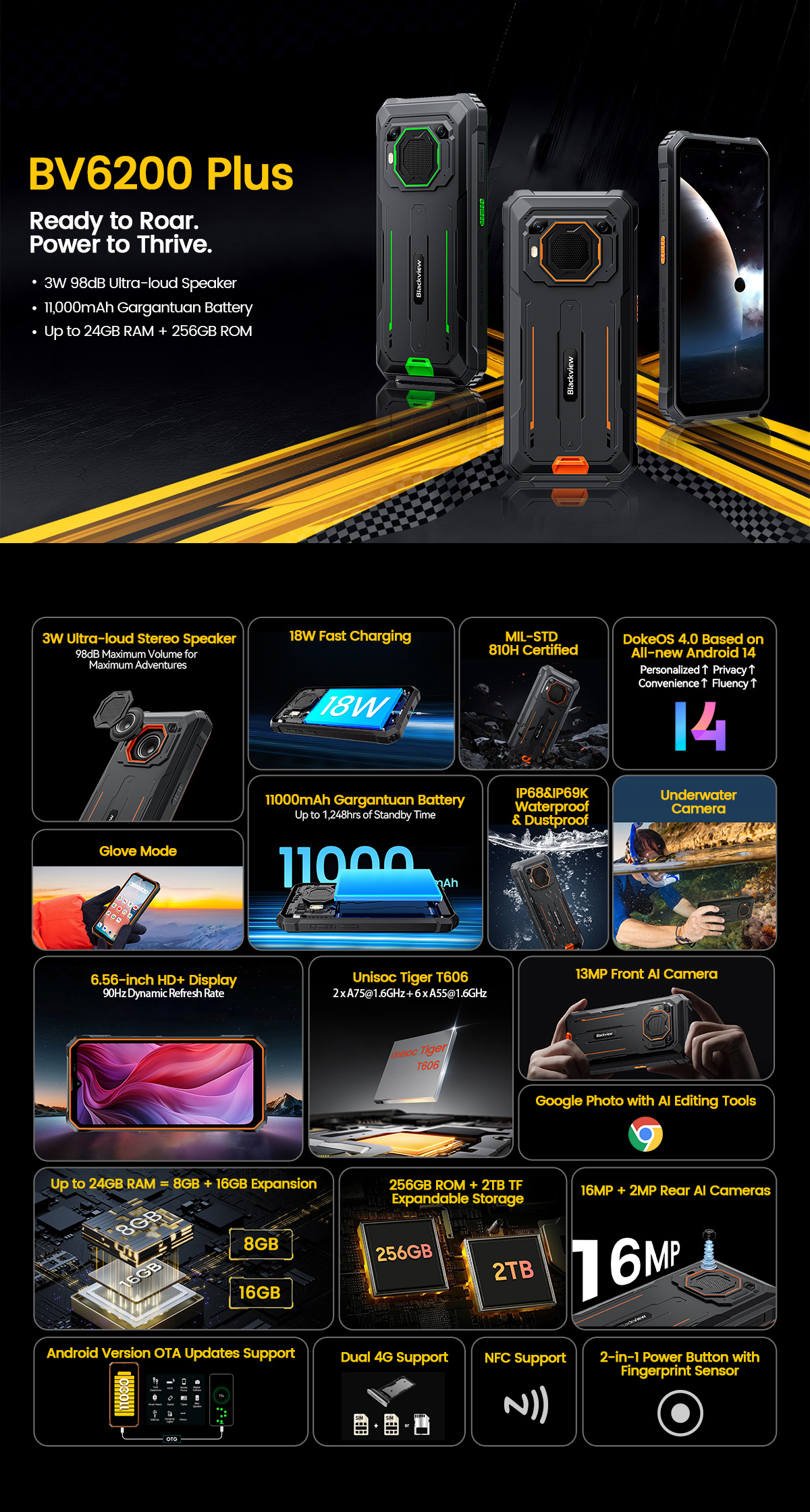 Blackview BV6200 Plus Rugged Phone 8GB+256GB 6.56'' HD+ Display 11000mAh Battery Android 14 ...