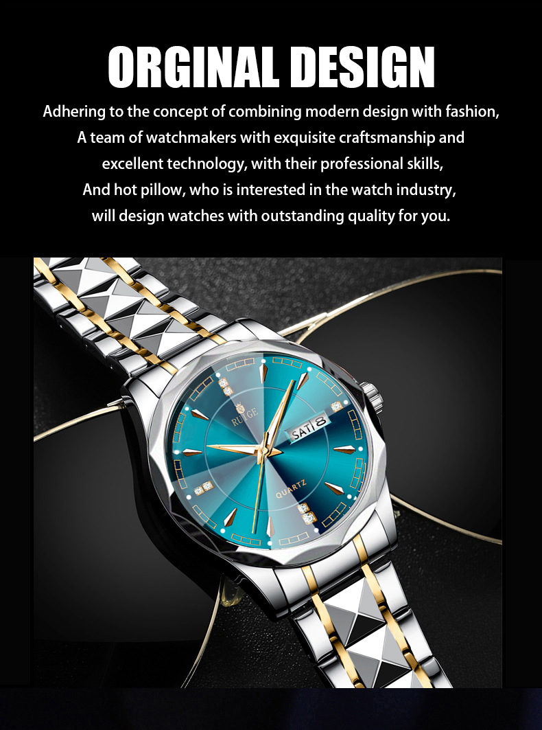 R RUIGE Men's Quartz Watch Luminous Trendy Waterproof Stainless Steel ...