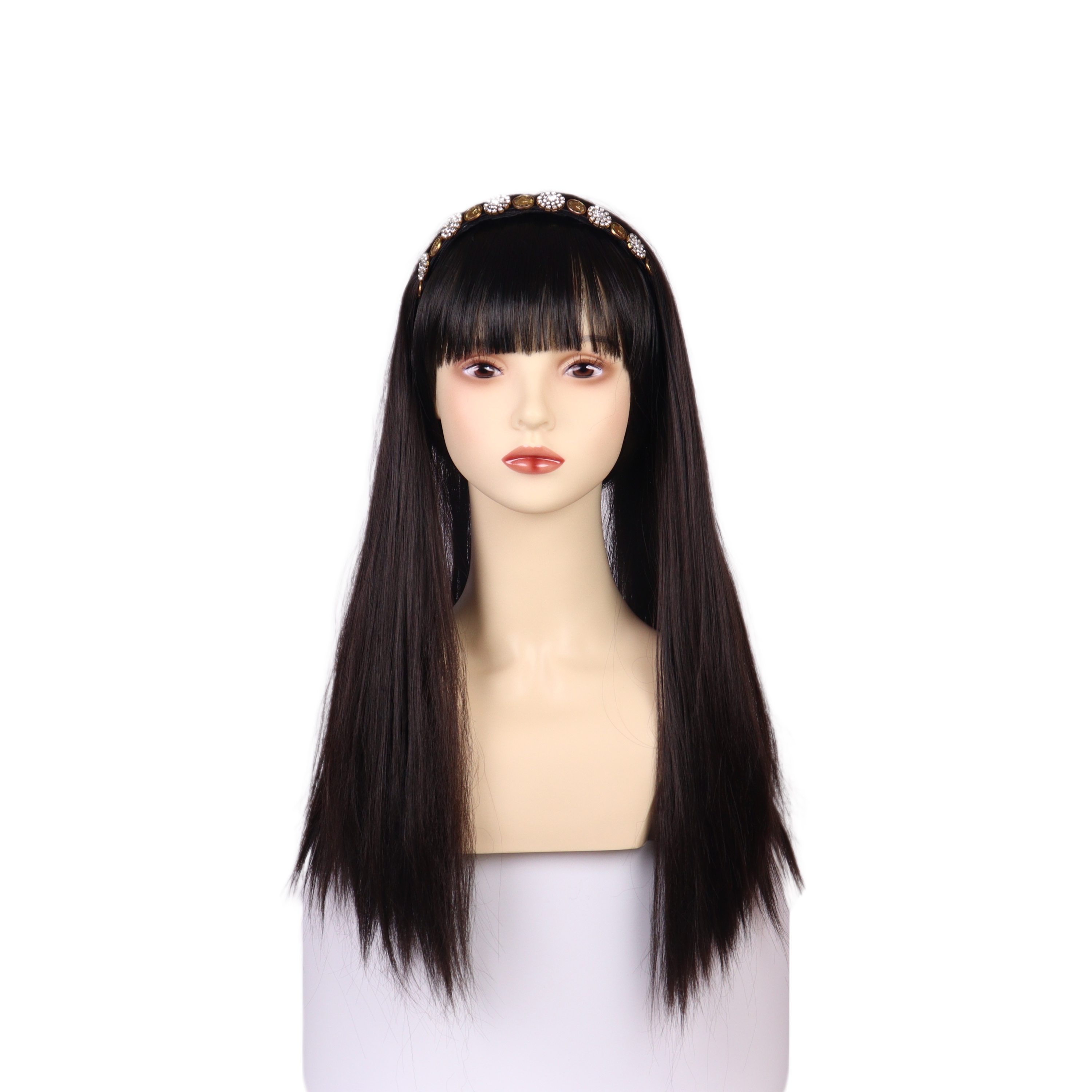 Rhinestone Headband Wig For Women Long Straight Hair Vintage Hair ...