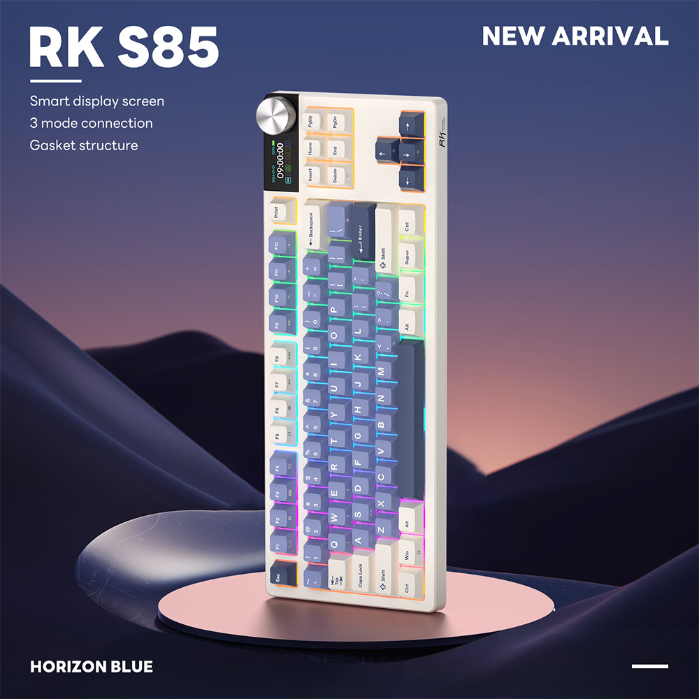 Royal Kludge RK S85 Horizon blue 85 Key Knob Buttons Tri-Mode Wireless With TFT Screen Gasket ...