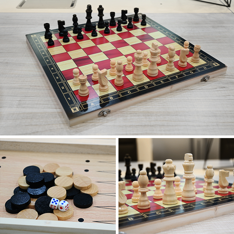 【Ship in 12h】 3 in 1 Wooden Chess Set Folding International Tournament ...