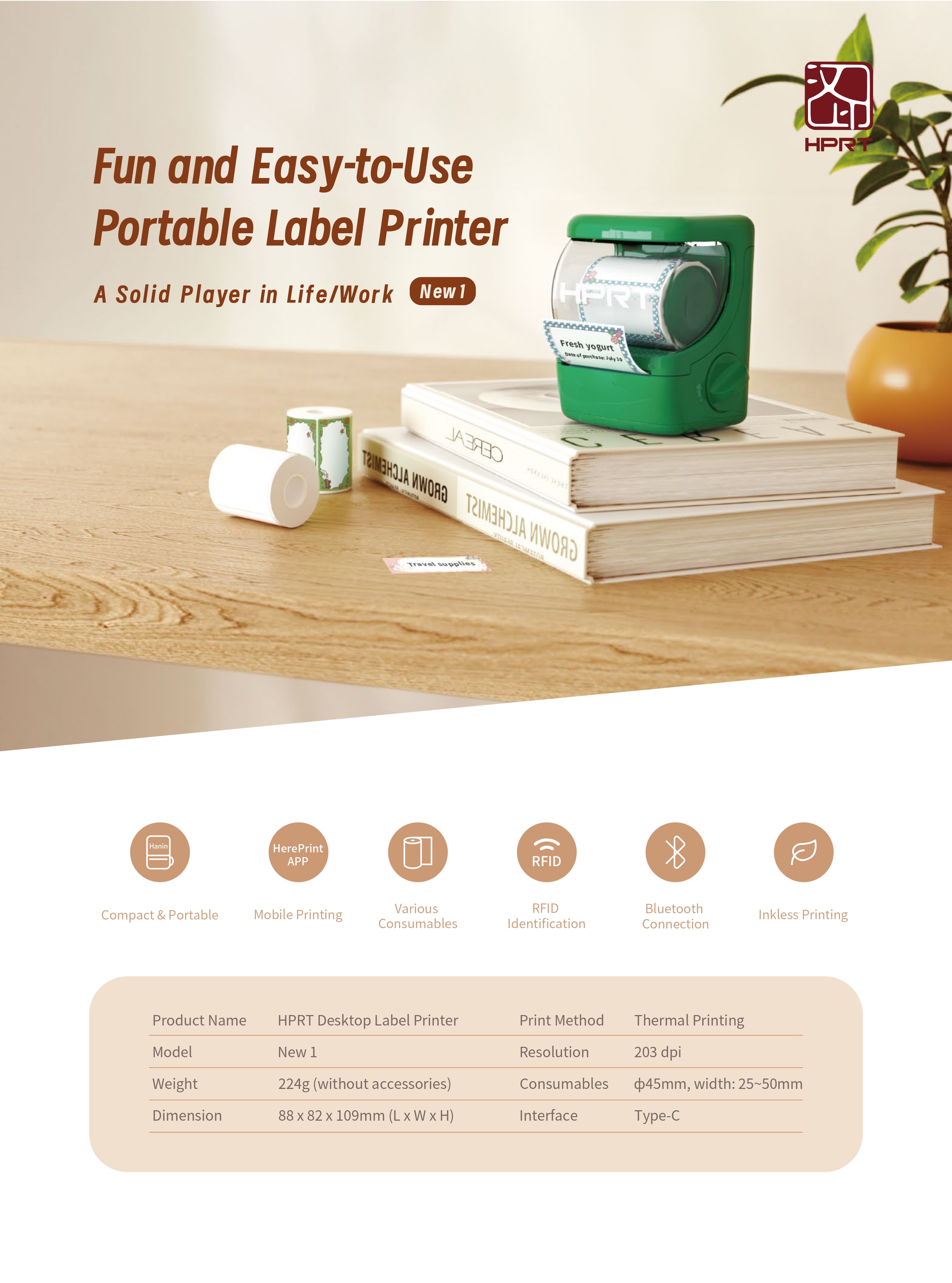 HPRT New 1 Label Maker Inkless Bluetooth Label Printer 25-50mm Label ...