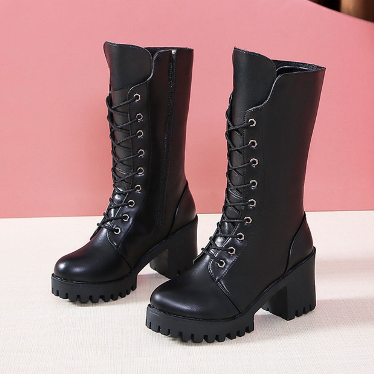 Size 35-41 Coarse Heel Side Zipper Round Toe Mid Top Martin Boots Women ...