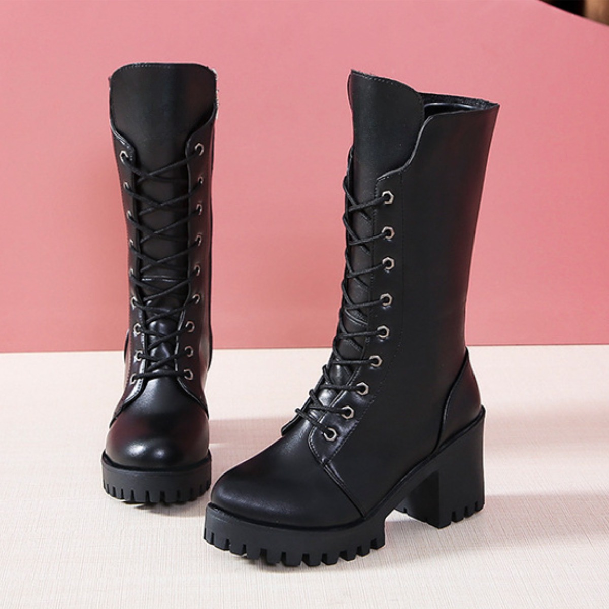 Size 35-41 Coarse Heel Side Zipper Round Toe Mid Top Martin Boots Women ...