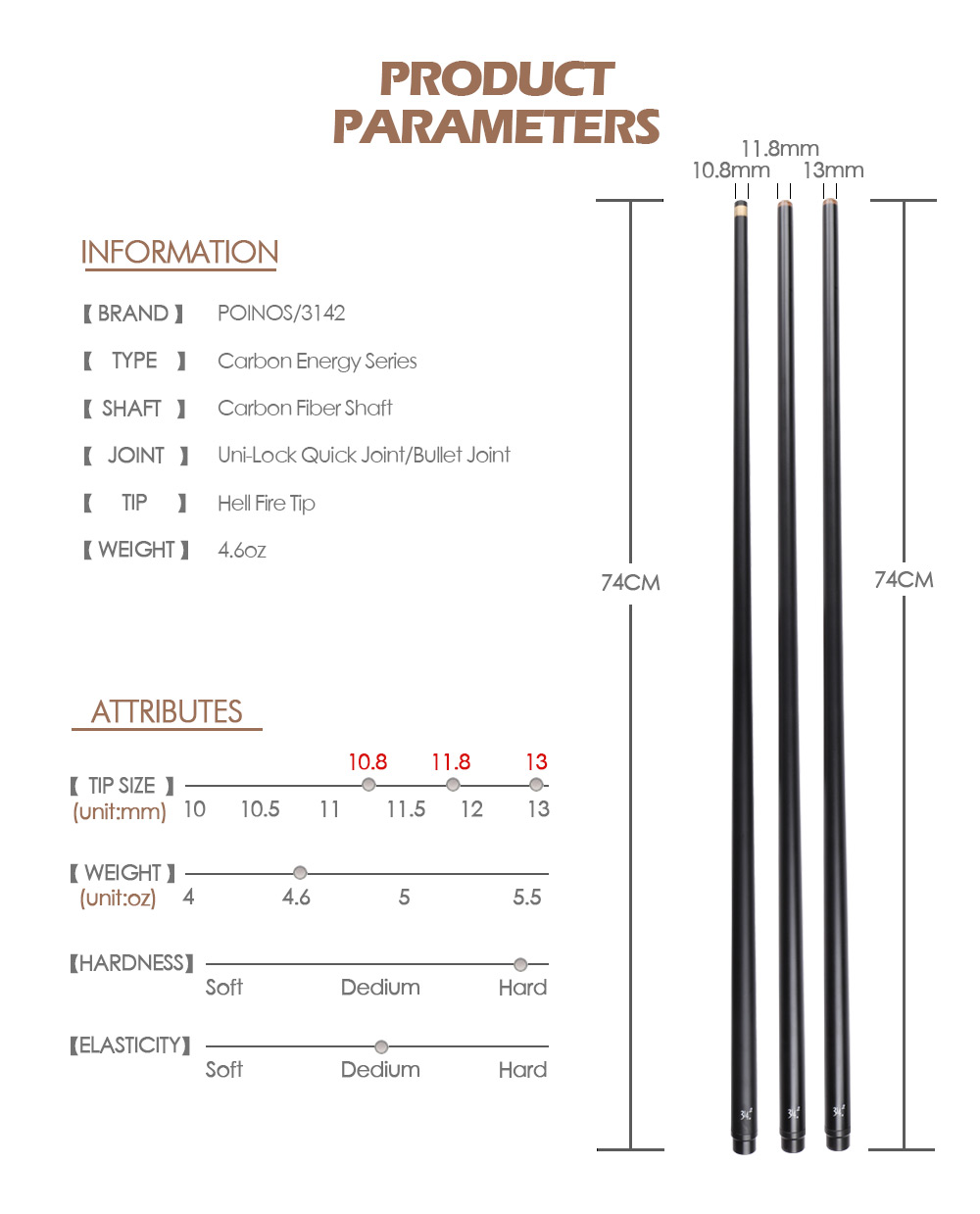 3142 POINOS Carbon Maple Single Shaft Billiard Pool Cue Stick Shaft 10. ...
