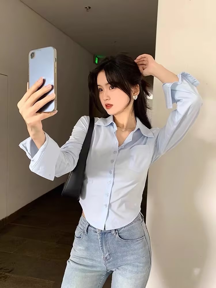 Ladies Korean Version Shirt Long-Sleeved Slim Short Solid Color Narrow ...