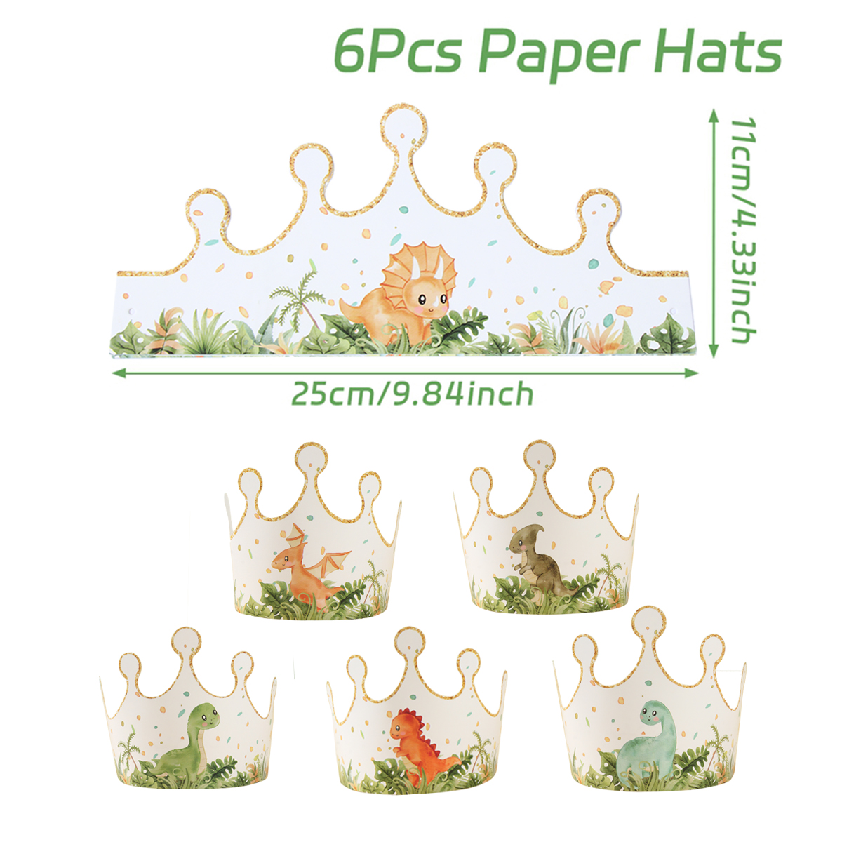 6pcs Dinosaur Theme Paper Crown Party Decor Cartoon Dinosaur Pattern ...