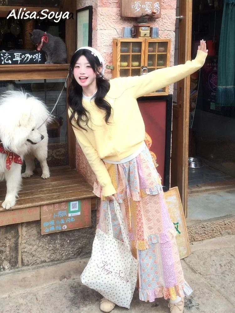 Alisa.Sonya Ditsy Floral Multi-color Fairy Skirt Slim Casual High Waist ...