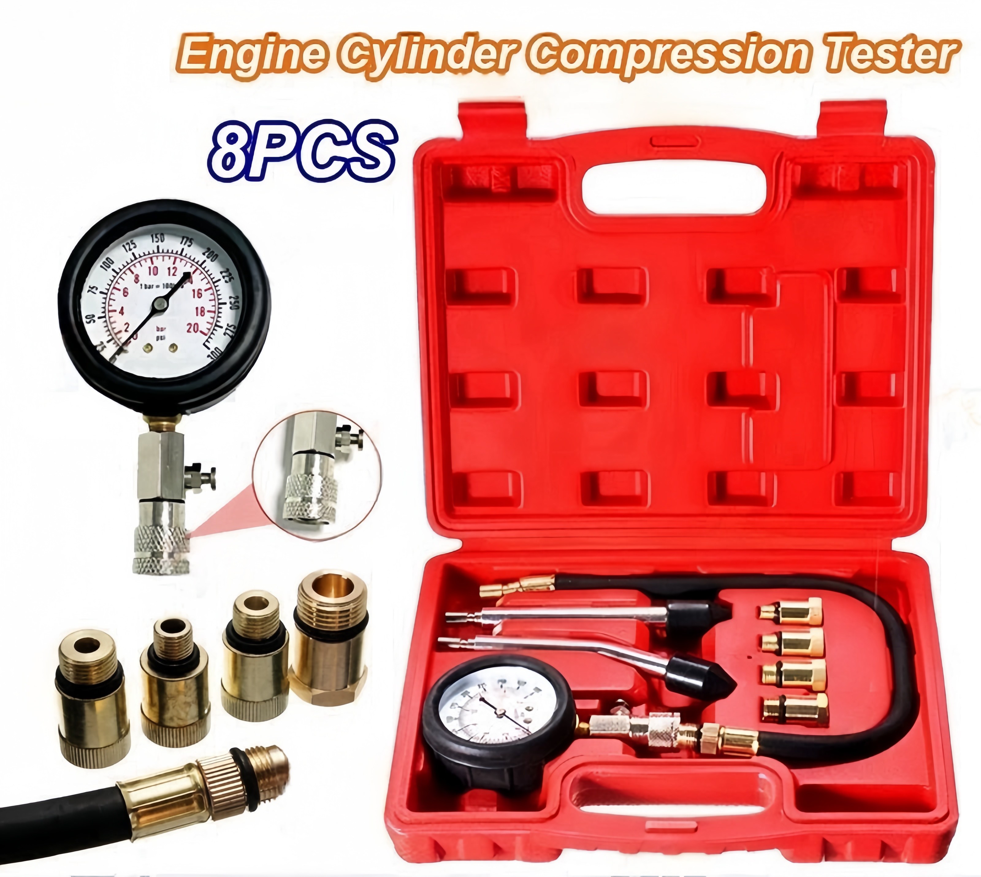 8 PCS Engine Cylinder Compression Tester Kit Auto Tool Meter, Gas ...