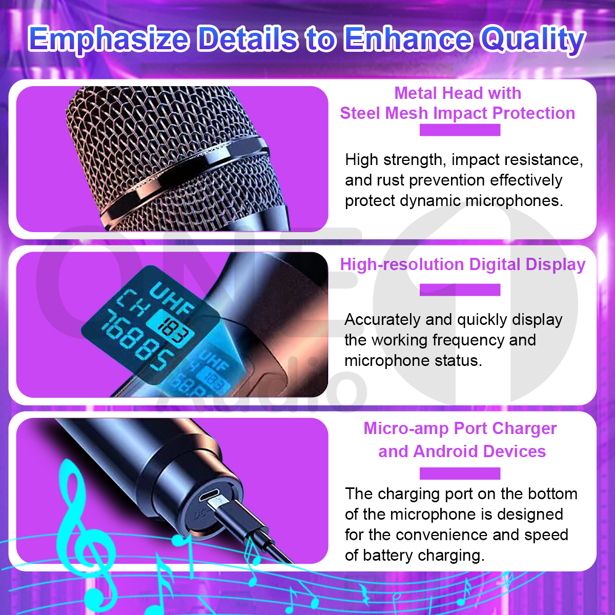 OneAudio Professional Wireless Microphone UHF Handheld Rechargeable Dynamic Microphone For ...