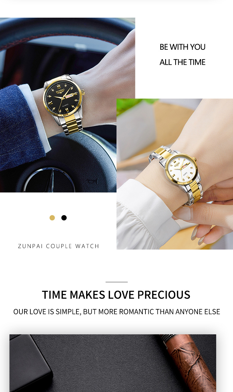 ZUNPAI Couple Watch Waterproof Quartz Original Stainless Steel Gift ...