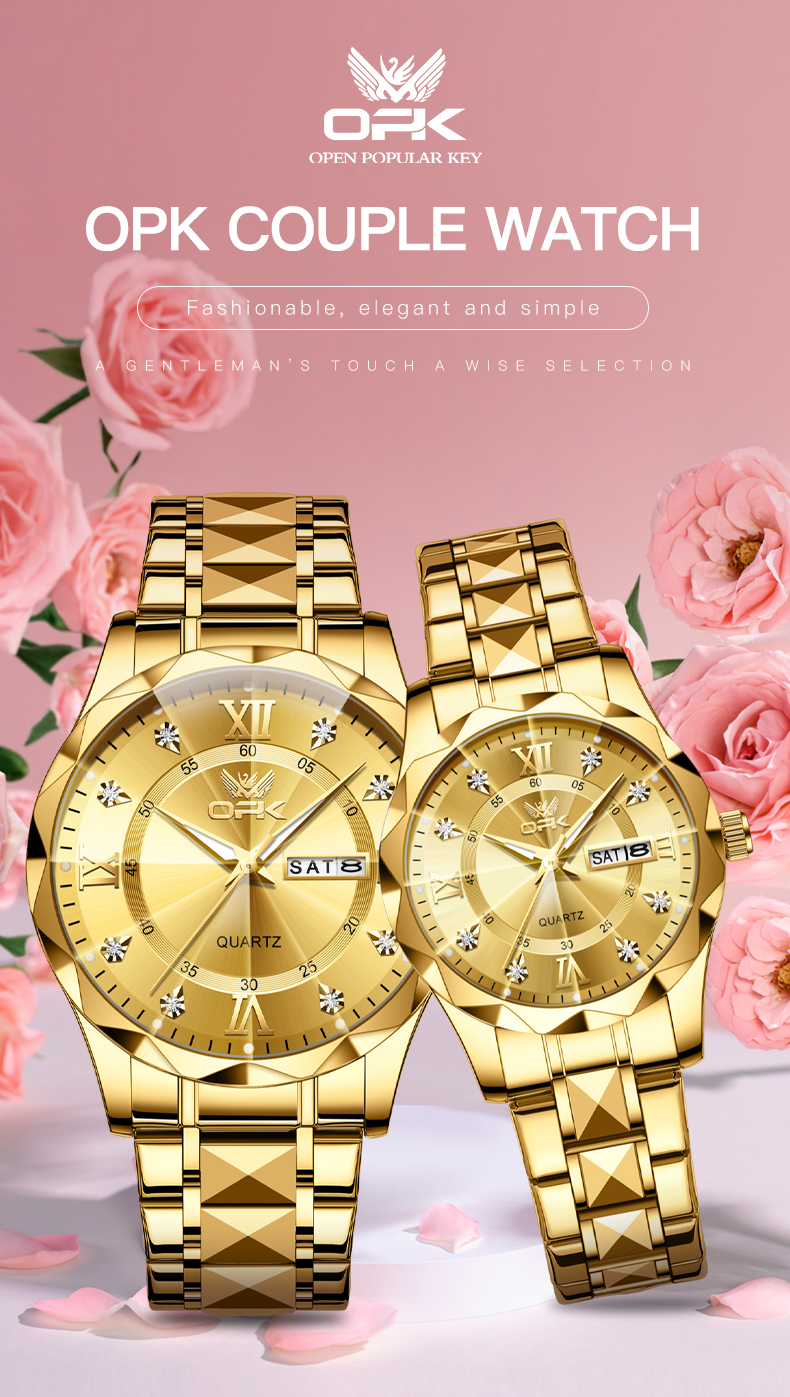 OPK Couple Watch Waterproof Original Stainless Steel Quartz Gold ...