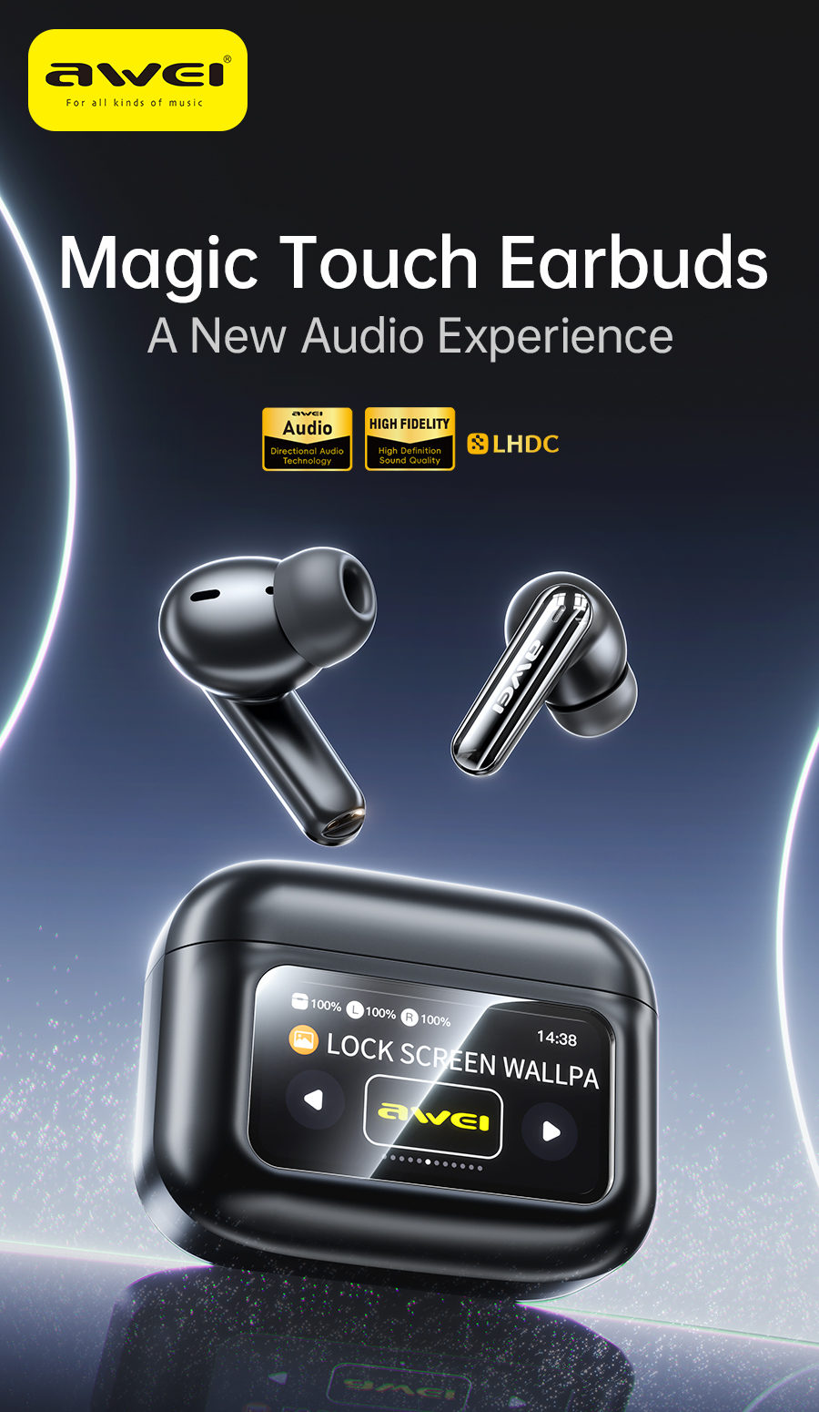 Awei T56 Touch Screen Bluetooth Earphone ANC Noise Cancelling Earbud ...