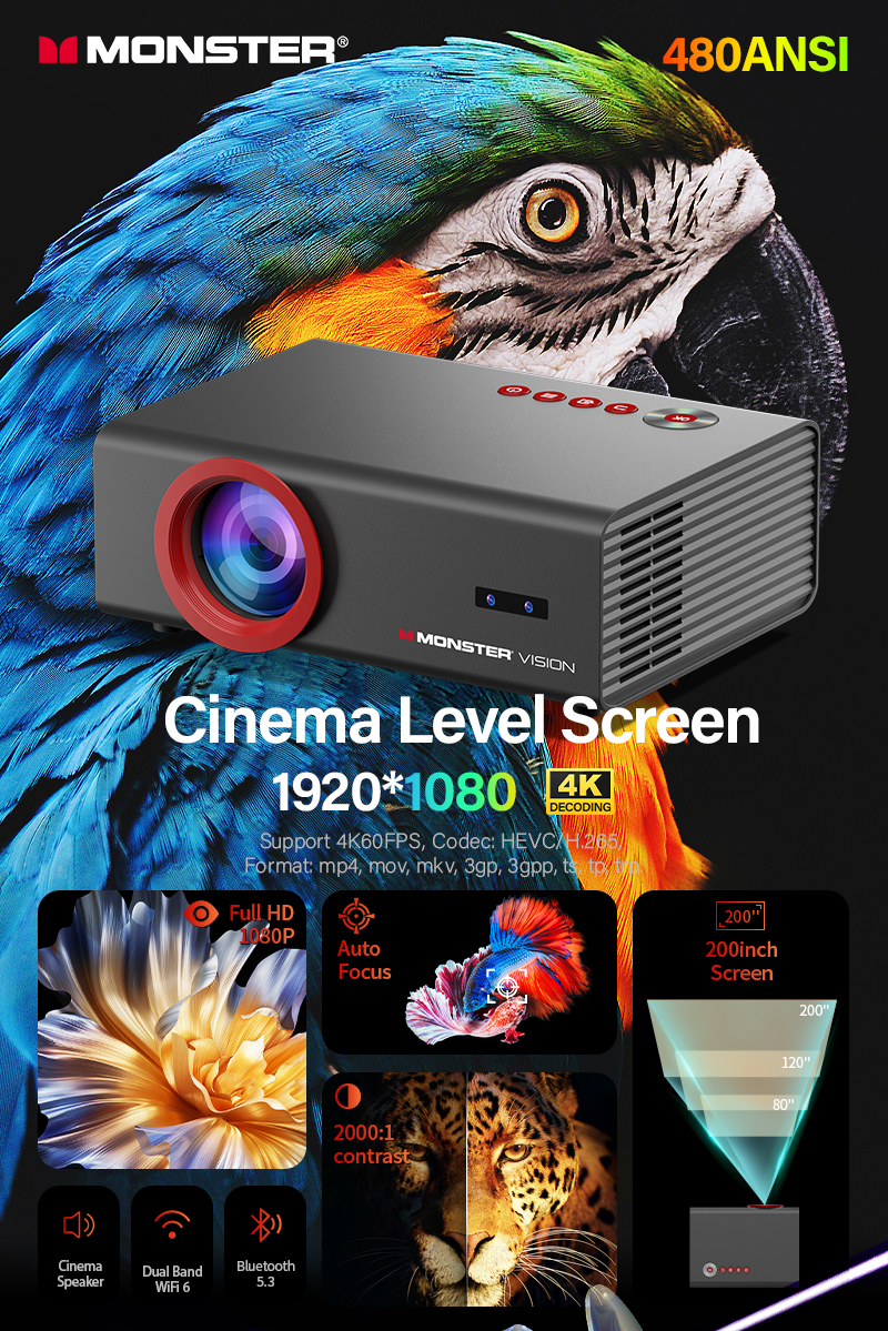 MONSTER O500 Android 1080P Full HD Projector Home Cinema 4K Decoding ...