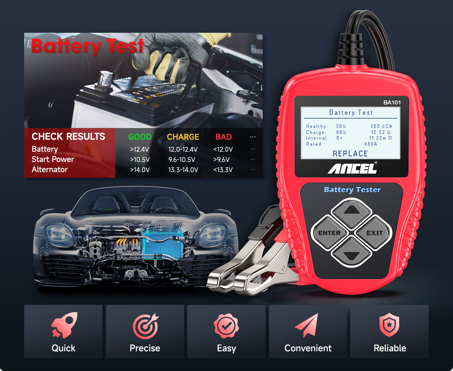 ANCEL BA101 Automotive Premium 12V Battery Tester Digital Battery ...