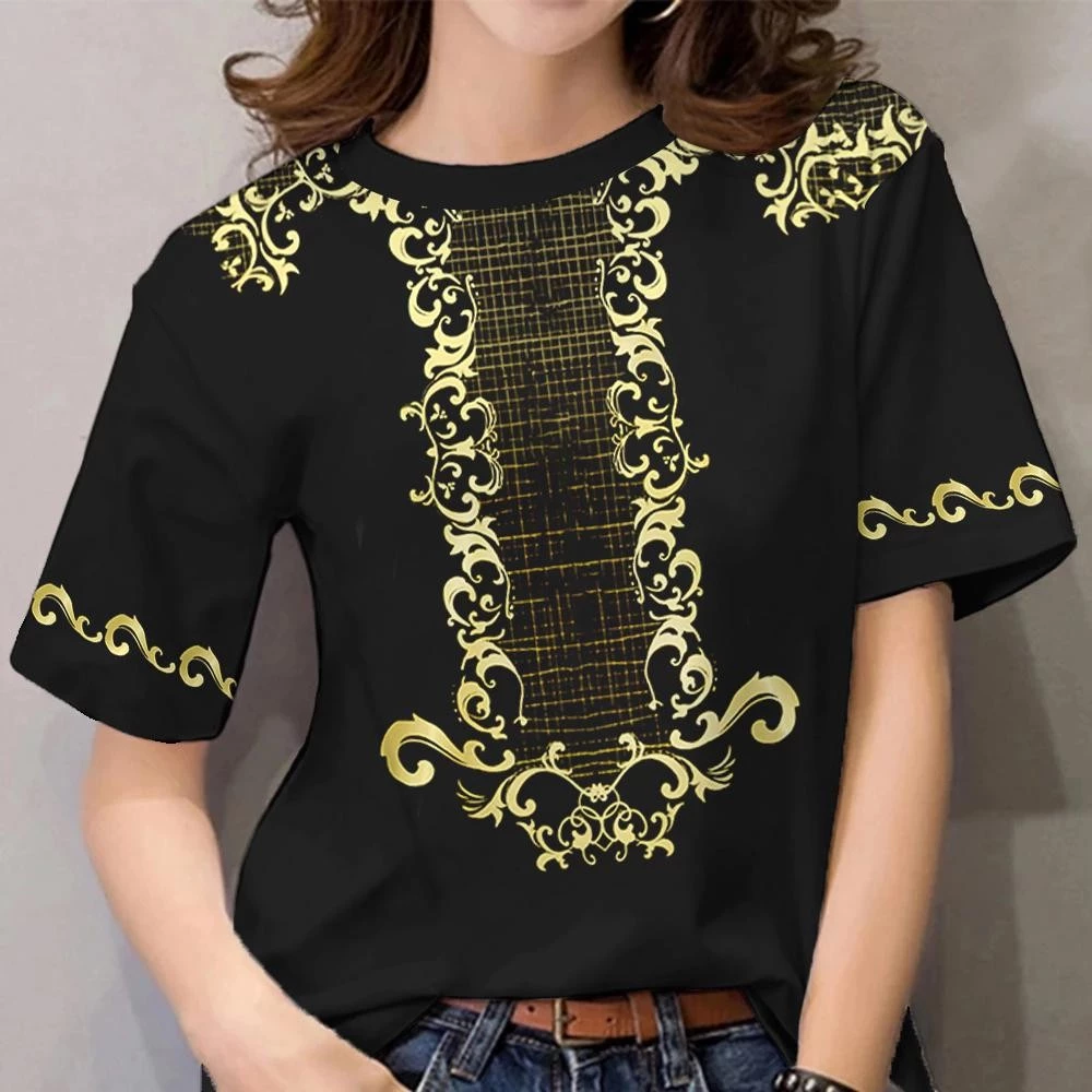 2025 Ethnic Style Woman's T-Shirt Round Neck Short Sleeve Top For Women ...