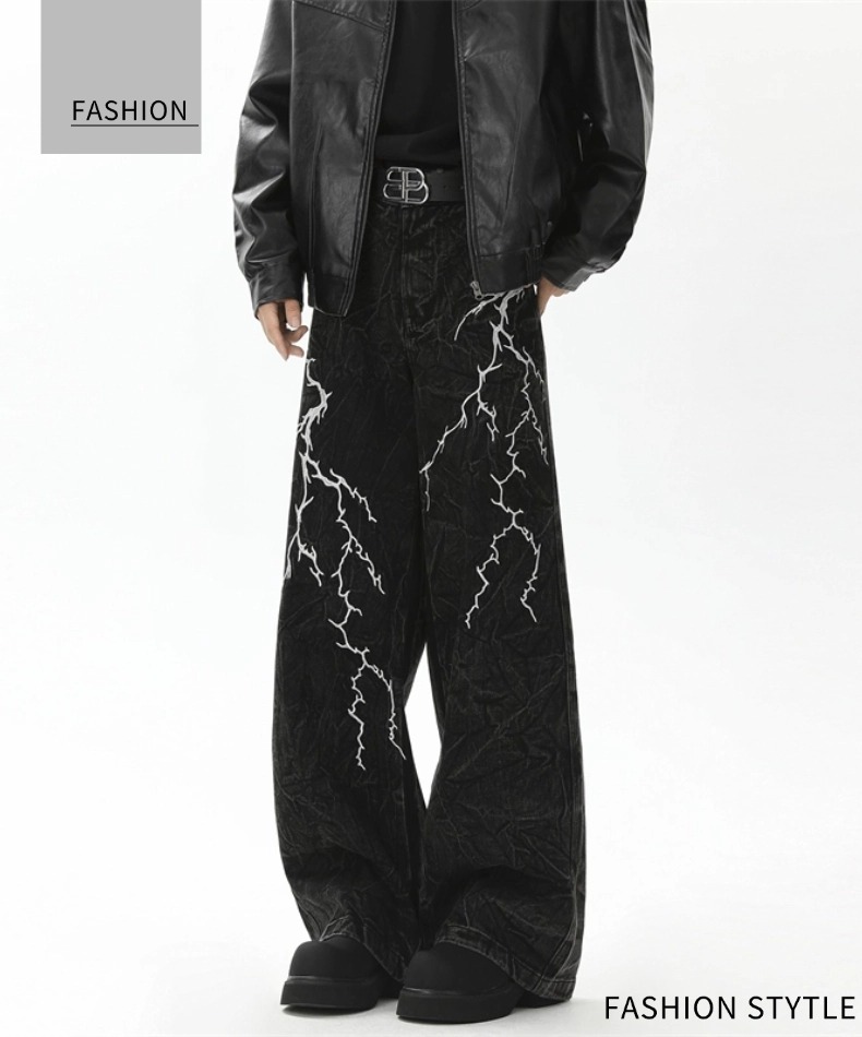 Men Lightning Embroidered Jeans American Street Gangster Loose Casual ...