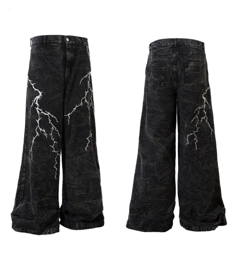 Men Lightning Embroidered Jeans American Street Gangster Loose Casual ...