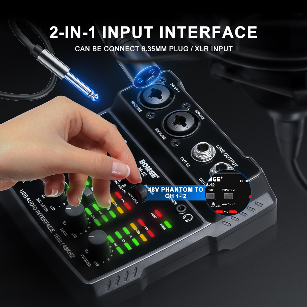 BOMGE M12 USB Audio Interface for PC Recording,2 Channels Audio Mixer with XLR 3.5m Microphone ...