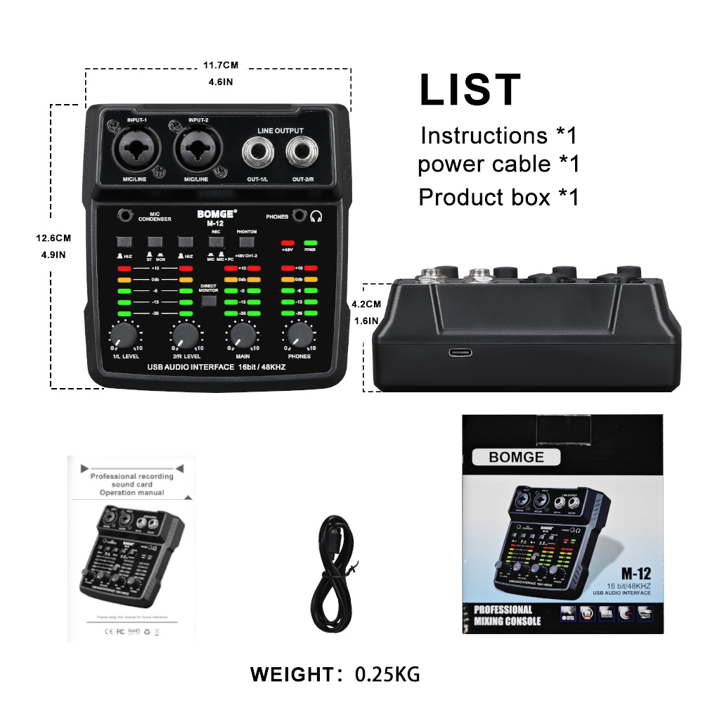 BOMGE M12 USB Audio Interface for PC Recording,2 Channels Audio Mixer with XLR 3.5m Microphone ...