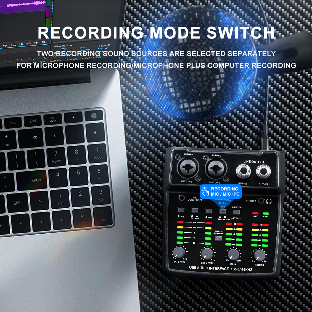 BOMGE M12 USB Audio Interface for PC Recording,2 Channels Audio Mixer with XLR 3.5m Microphone ...
