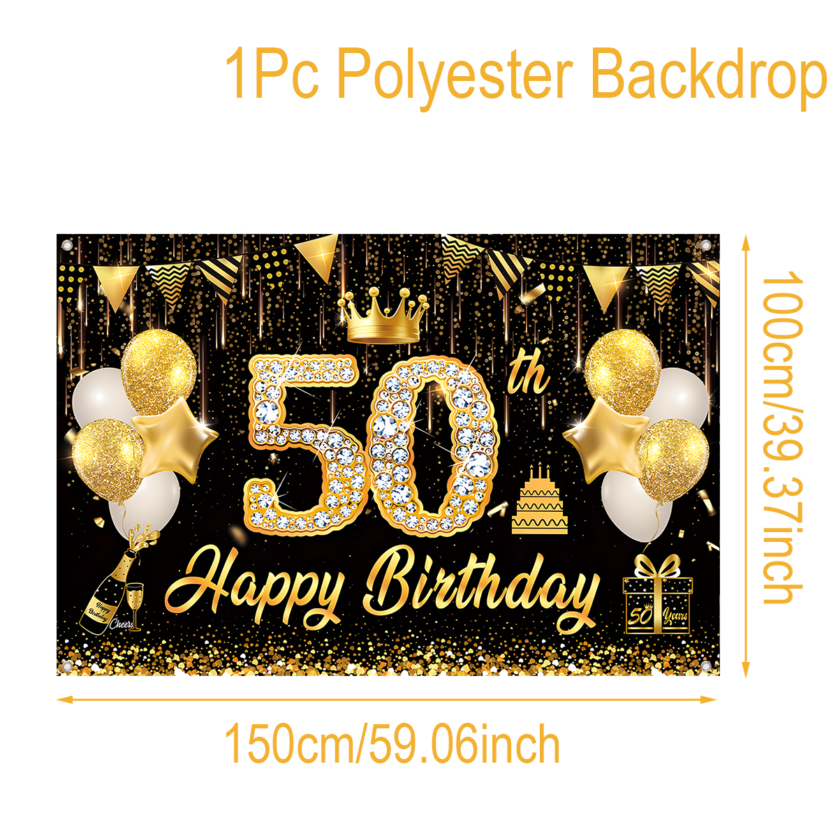 150*100cm Black Gold 50th Birthday Backdrop Happy Birthday Banner ...