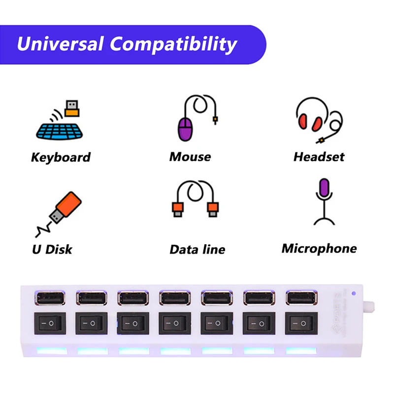 USB Port HUB 7 Port High Speed Independent Switch 4 Bit Splitter 2.0 ...