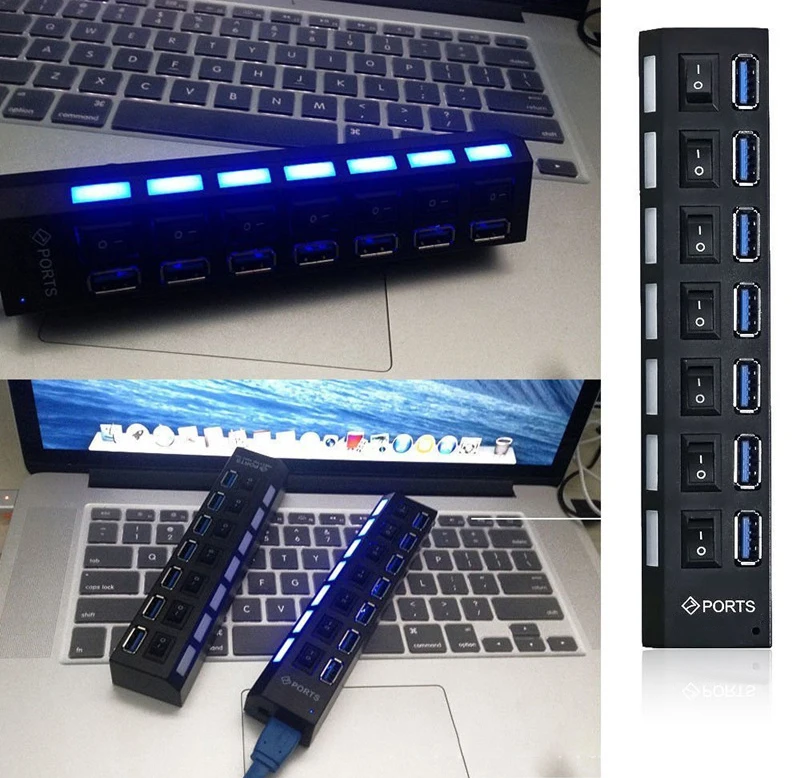 USB Port HUB 7 Port High Speed Independent Switch 4 Bit Splitter 2.0 ...