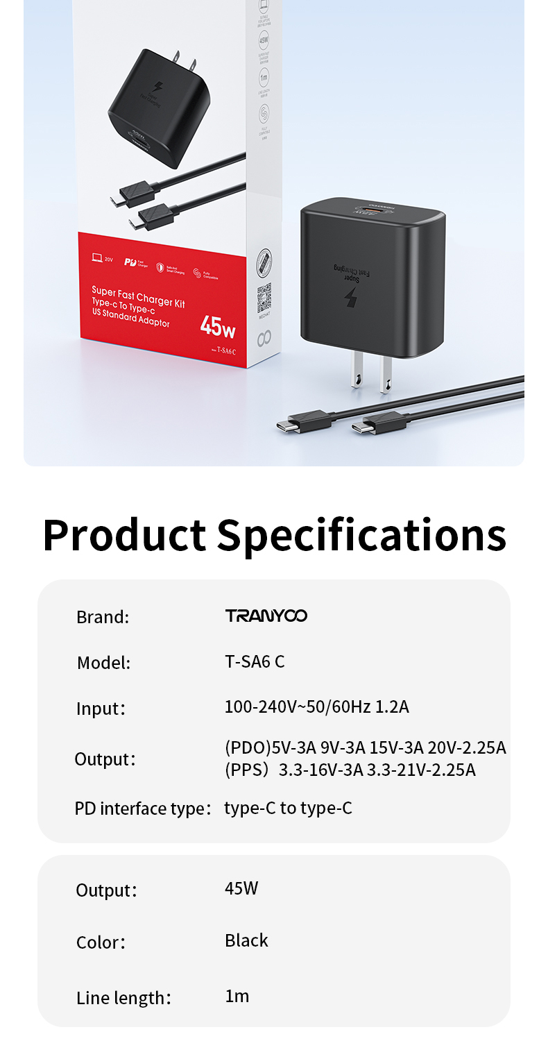 Tranyoo SA6C 45W Fast Charge set Dual Port Power Adapter Type-C to Type-C 1M Charge Cable ...