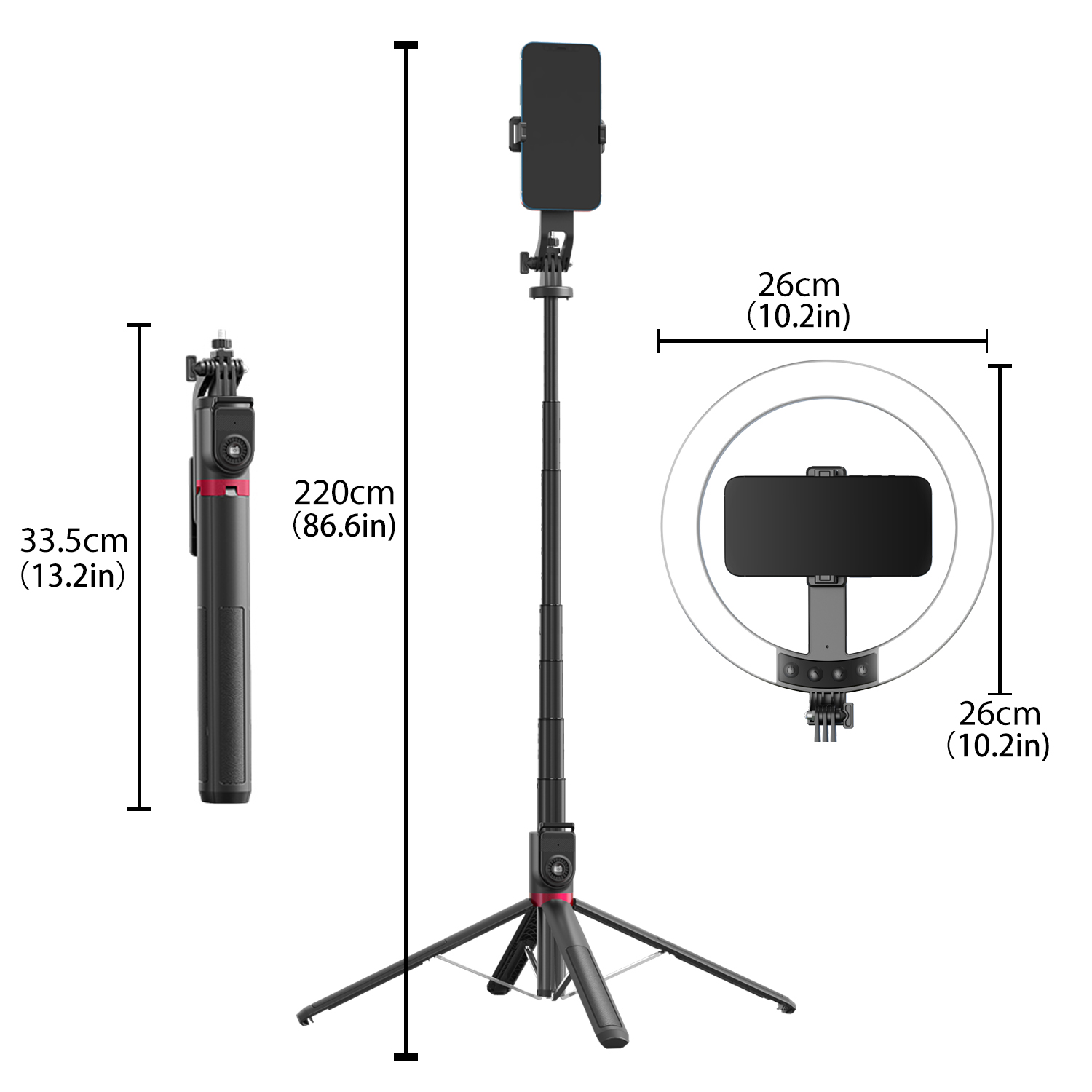 2300mm Selfie Stick Tripod and Phone Holder with 10" Dimmable LED Ring ...