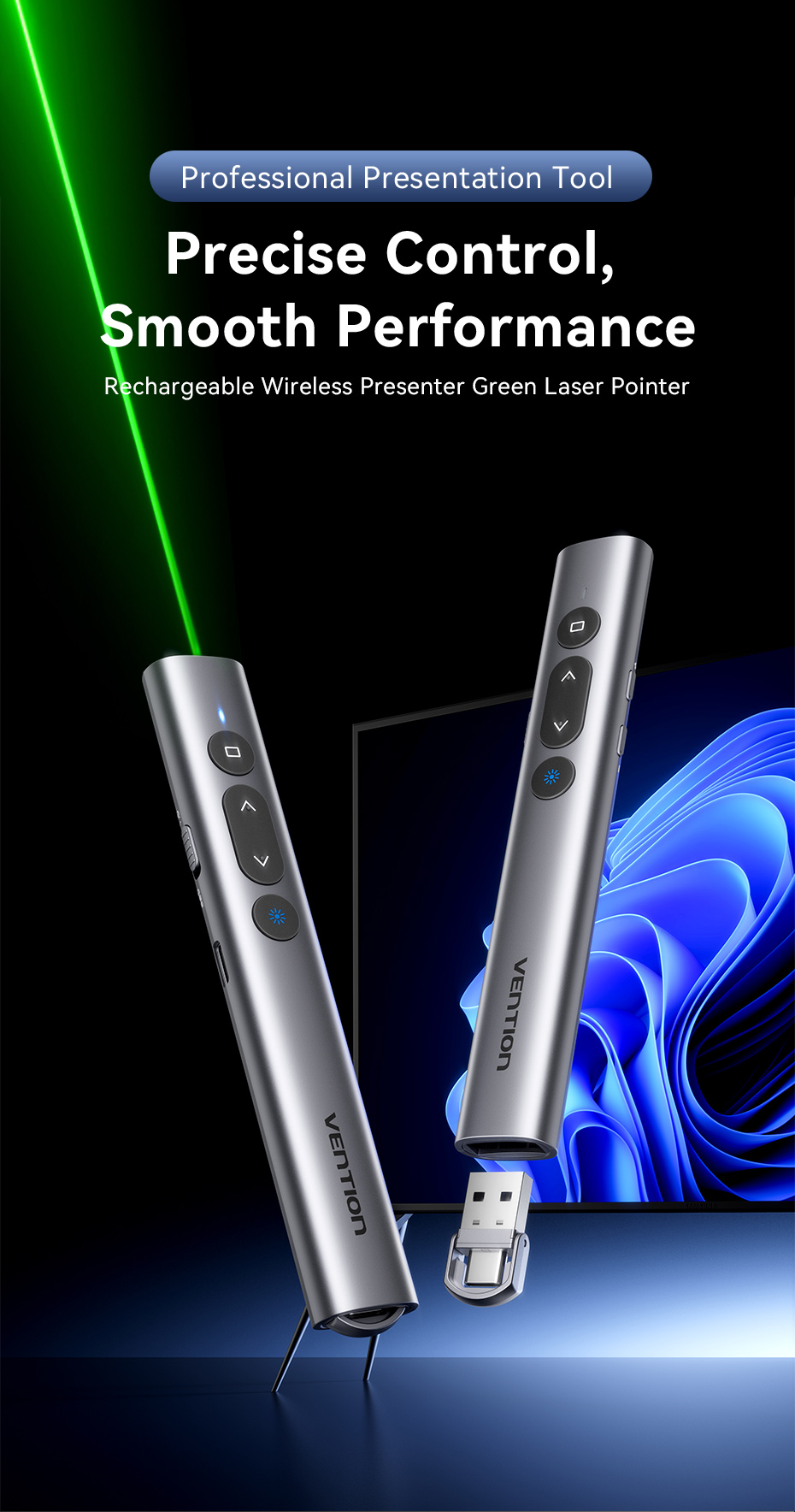 Vention Rechargeable Wireless Presenter Red/Green Laser Pointer 2.4GHz ...