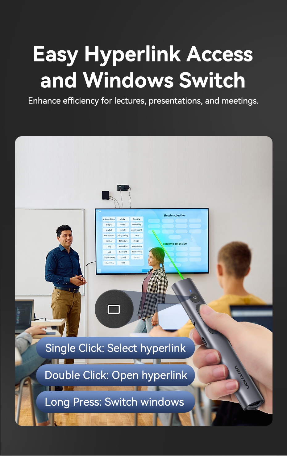 Vention Rechargeable Wireless Presenter Red/Green Laser Pointer 2.4GHz ...