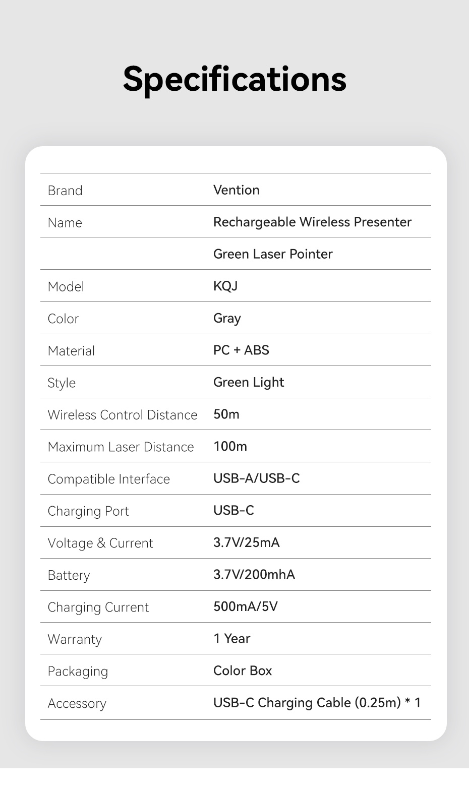 Vention Rechargeable Wireless Presenter Red/Green Laser Pointer 2.4GHz ...