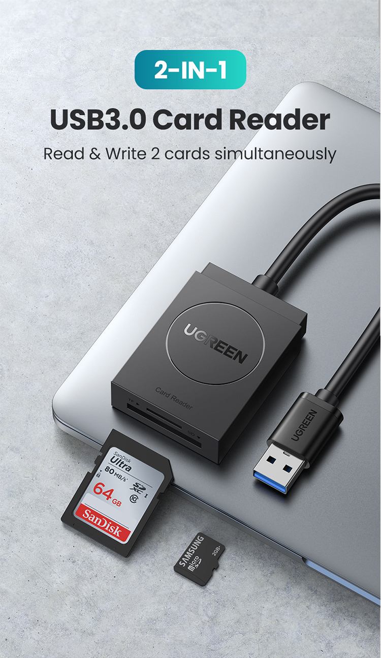 UGREEN SD Card Reader USB 3.0 Dual Slot Flash Memory Card Reader TF SD ...