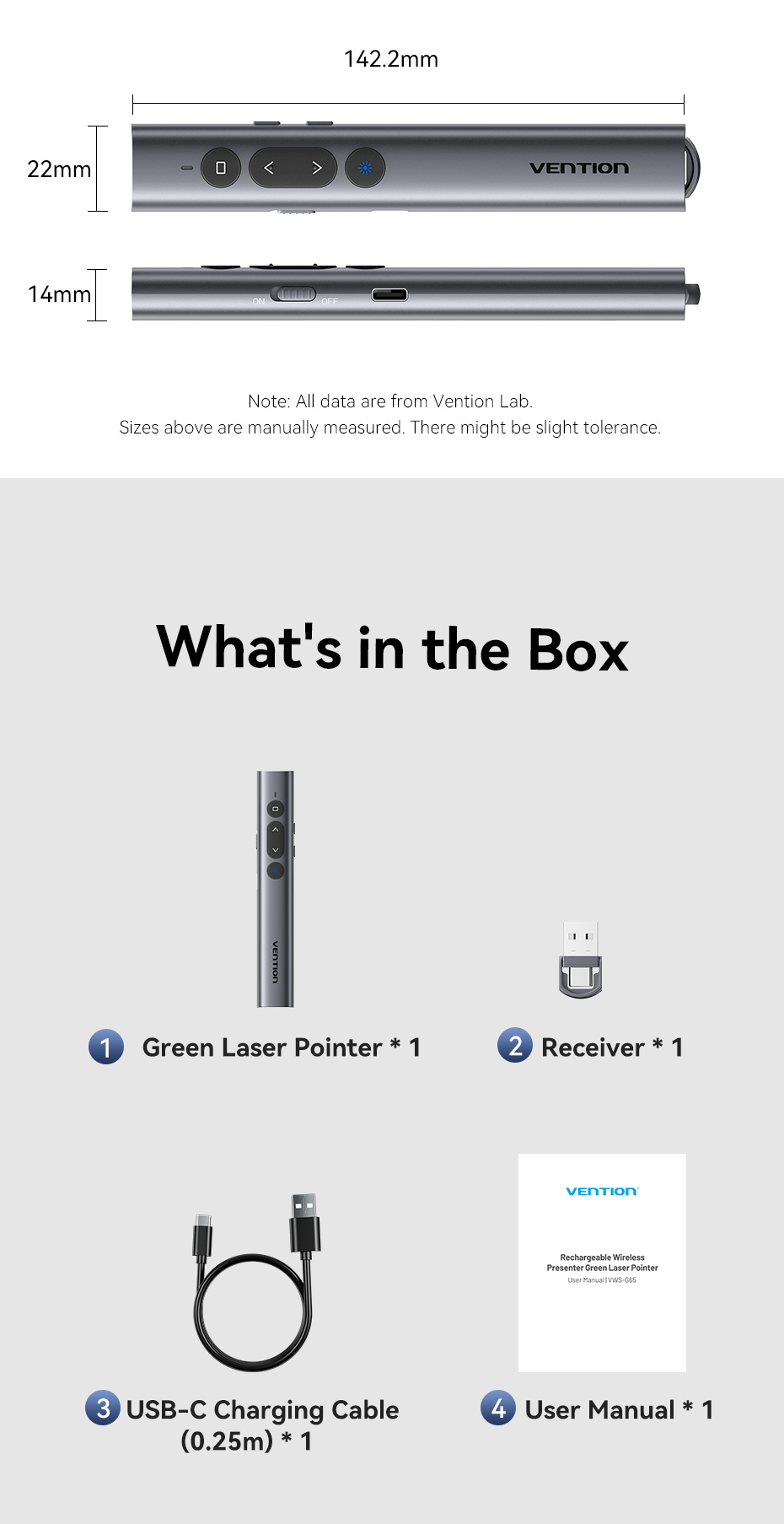 Vention Rechargeable Wireless Presenter Red/Green Laser Pointer 2.4GHz ...