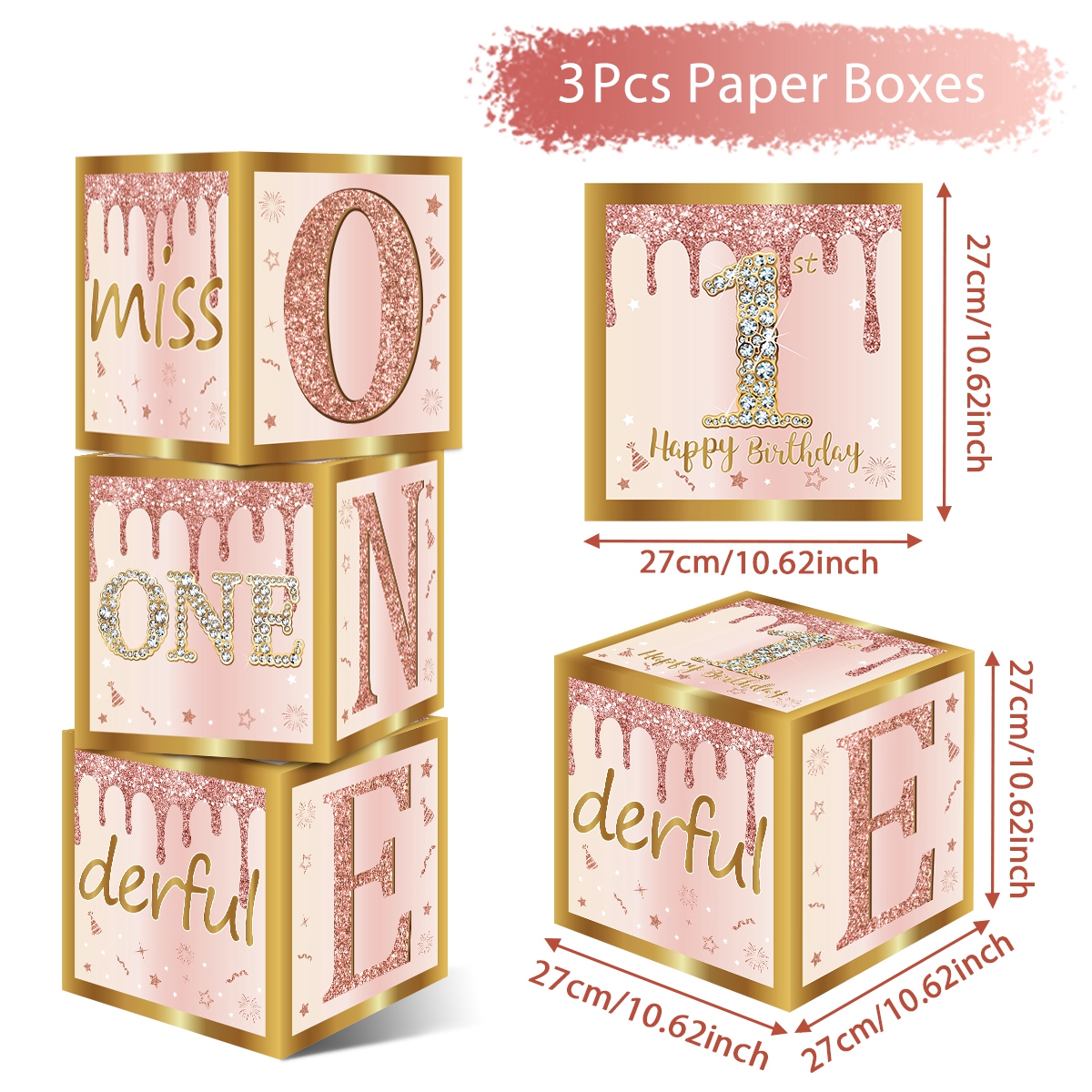 3pcs Pink Gold ONE Decoration Box Cardboard 1st Birthday Party Balloon ...