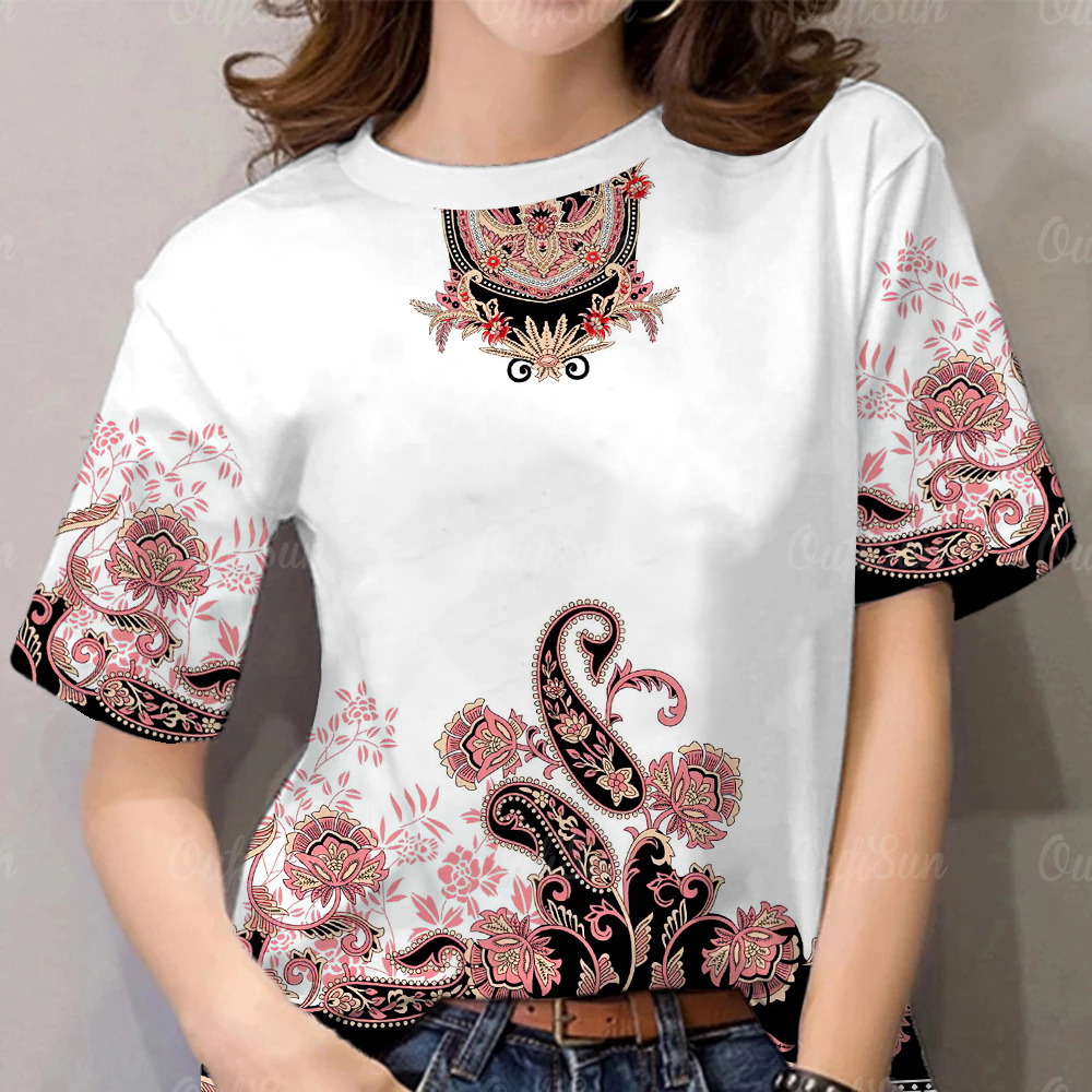 2025 Ethnic Style Retro Women's T- shirt Round Neck Short-Sleeved Shirt ...