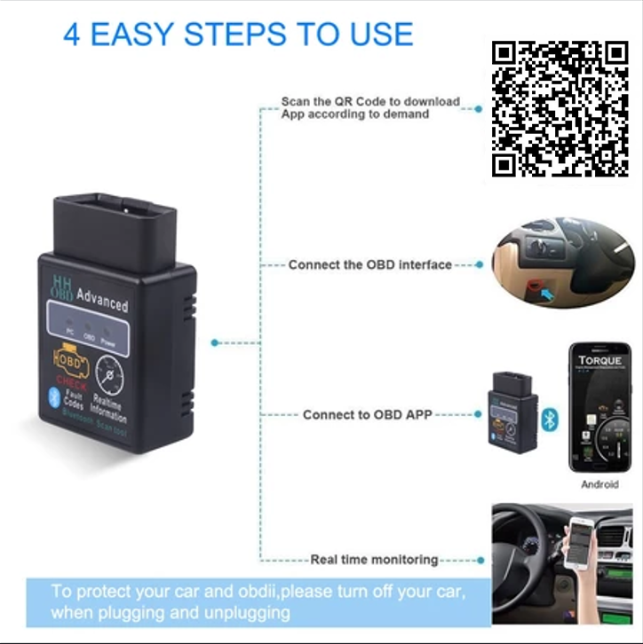 Car HH OBD2 Scanner ELM327 Bluetooth Diagnostic Tools Mini OBDII Phone ...
