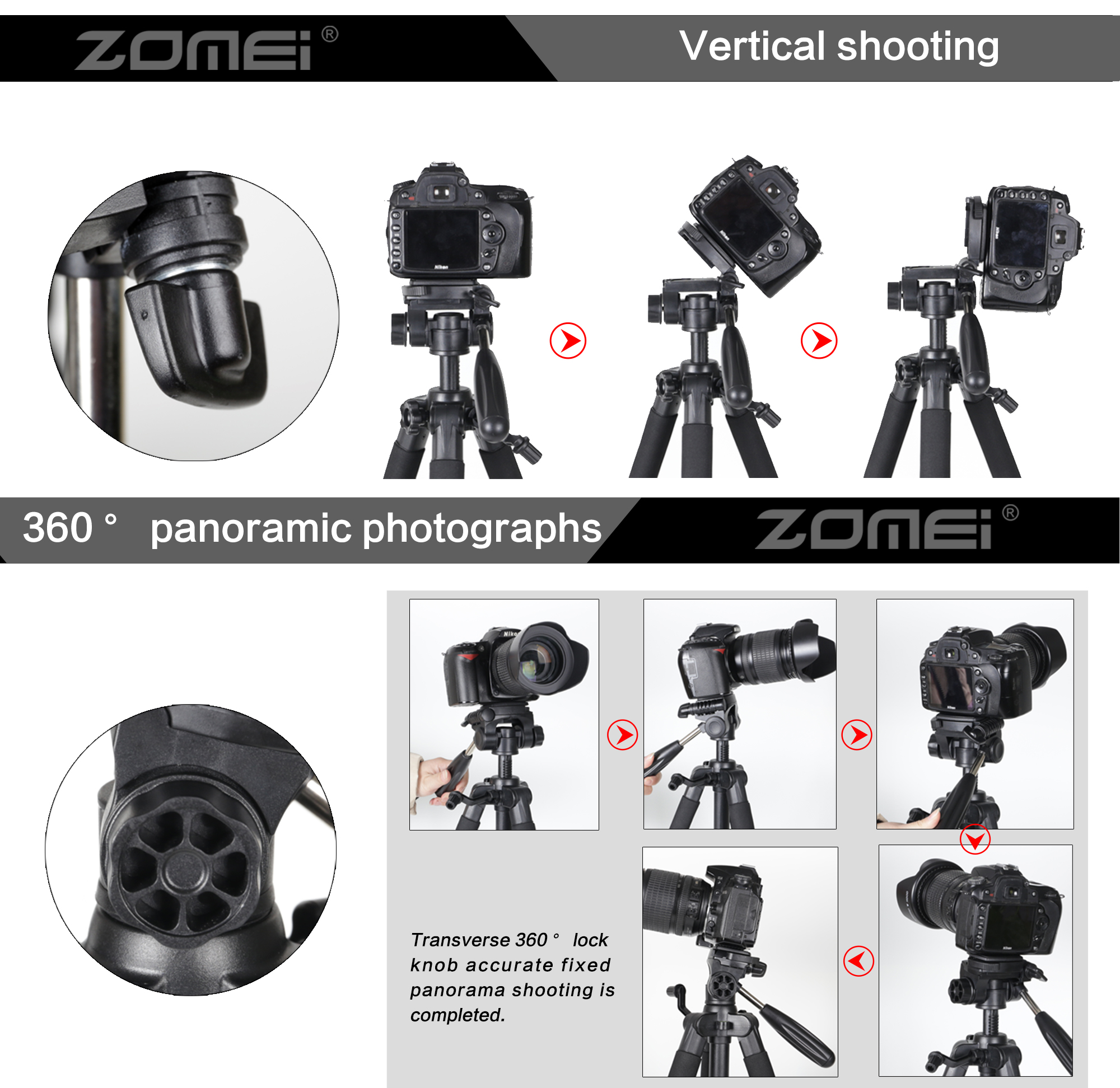 Zomei Q188 Camera tripod Aluminum Alloy Tripod with 3-Way Pan Tilt Head ...