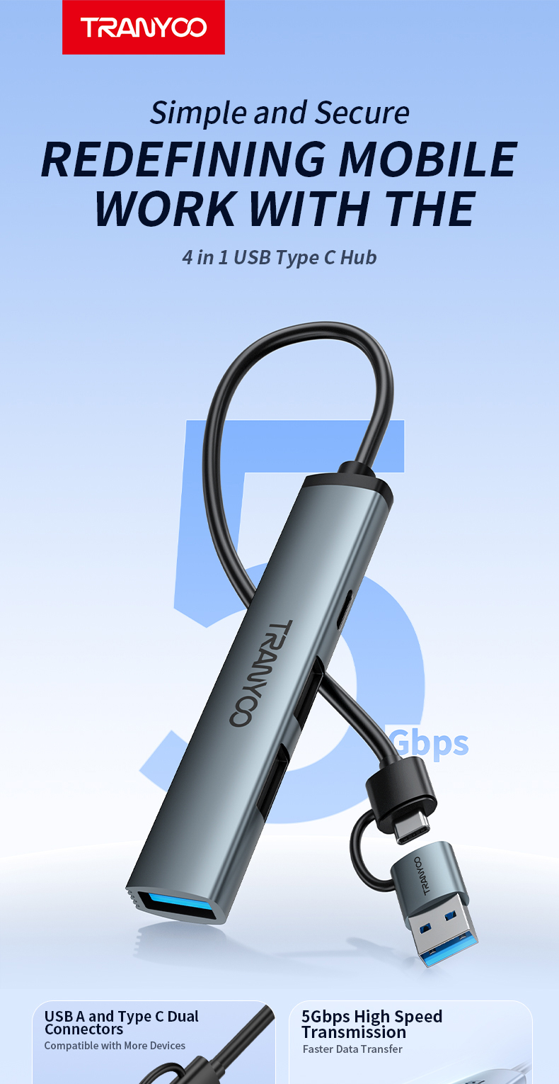 Tranyoo 4-in-1 Hub USB/Type-C to 4 Port High Speed Splitter Adapter Multi Expander for Laptop PC ...